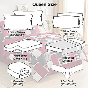 Junsey 8 Pcs Bed in A Bag Queen Size, Red Black Plaid Comforter with Flat Sheet,Fitted Sheet, Bed Skirt, Pillowcases & Shams, Burgundy Patchwork Down Alternative Bedding Comforter with Sheet