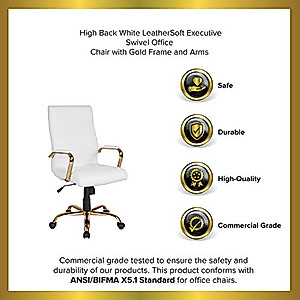 EMMA + OLIVER High Back White LeatherSoft Executive Swivel Office Chair with Gold Frame/Arms