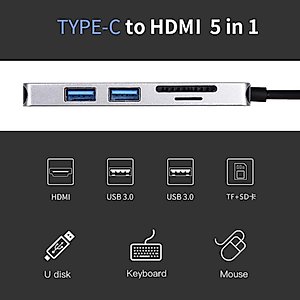 XUNMAIFHB Portable Docking Station,Type-c Expansion Dock USB-C to HDMI Converter hub Splitter USB3.0 Card Reader TF+SD Card Five in one 4K Fast Transmission, Silver