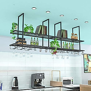 MISTRARA European Style Hanging Shelf, 2-Layer Black Wrought Iron Ceiling Frame, Restaurant Bar Storage Rack, Upside Down Wine Glass Rack 3 Sizes (Size : 100 * 30 * 80cm)