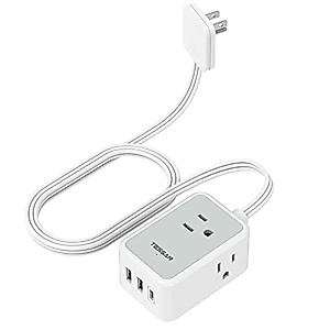 Small Flat Plug Power Strip, TESSAN Ultra Thin Extension Cord with 3 USB Wall Charger (1 USB C), 3 Outlets Mini Nightstand Charging Station, 5 ft Slim Plug for Cruise, Travel, Dorm Room Essentials