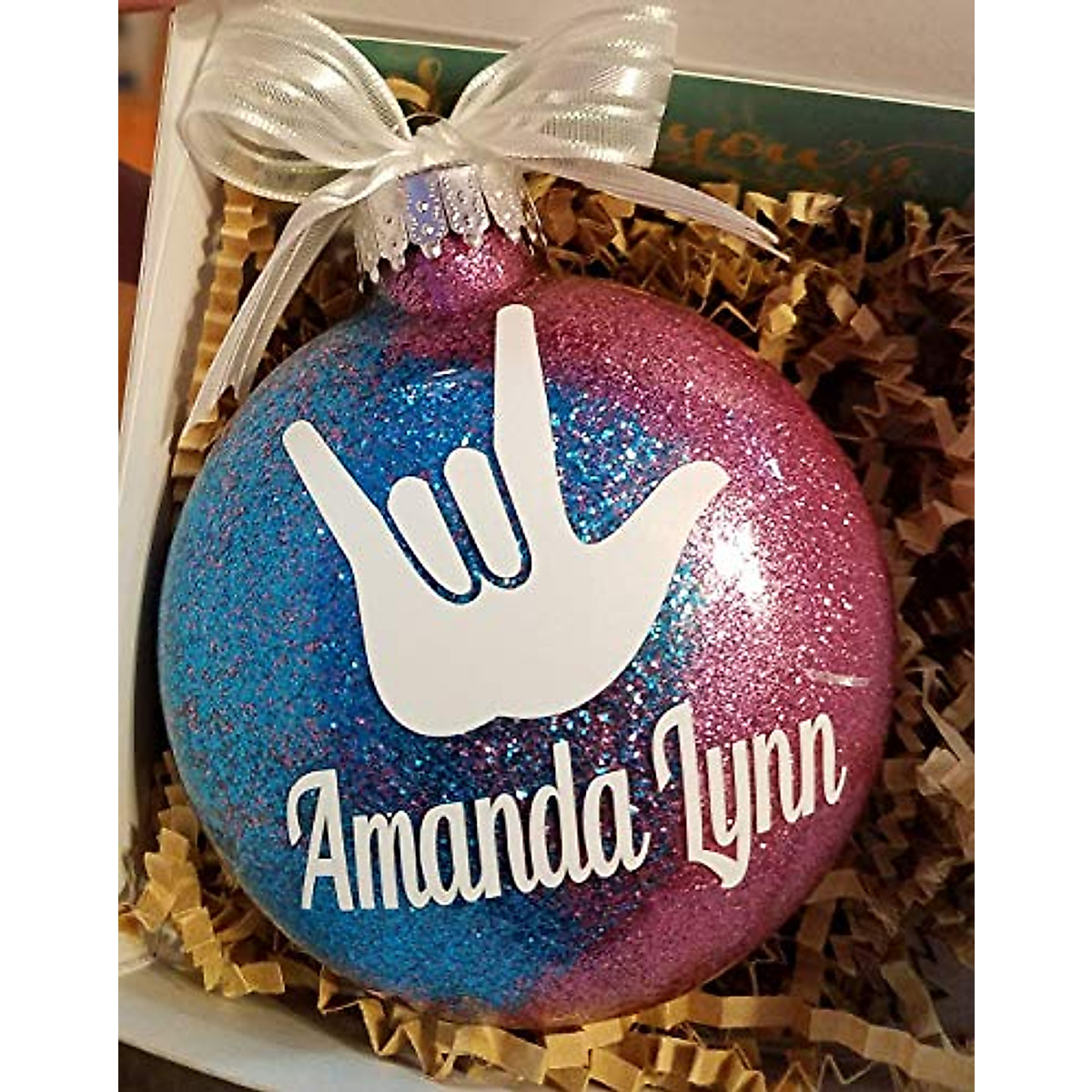 Personalized ASL Christmas Ornament - I love you sign American Sign Language for Deaf or Interpreter - Great gift for her or white elephant gift exchange
