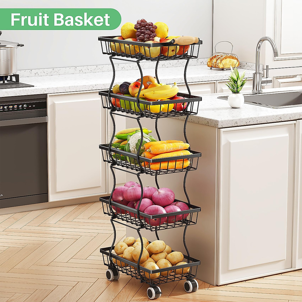 5 Tier Fruit Basket for Kitchen, Stackable Fruit and Vegetable Wire Basket with Wheels for Banana Onions and Potatoes Storage and Organization, Black
