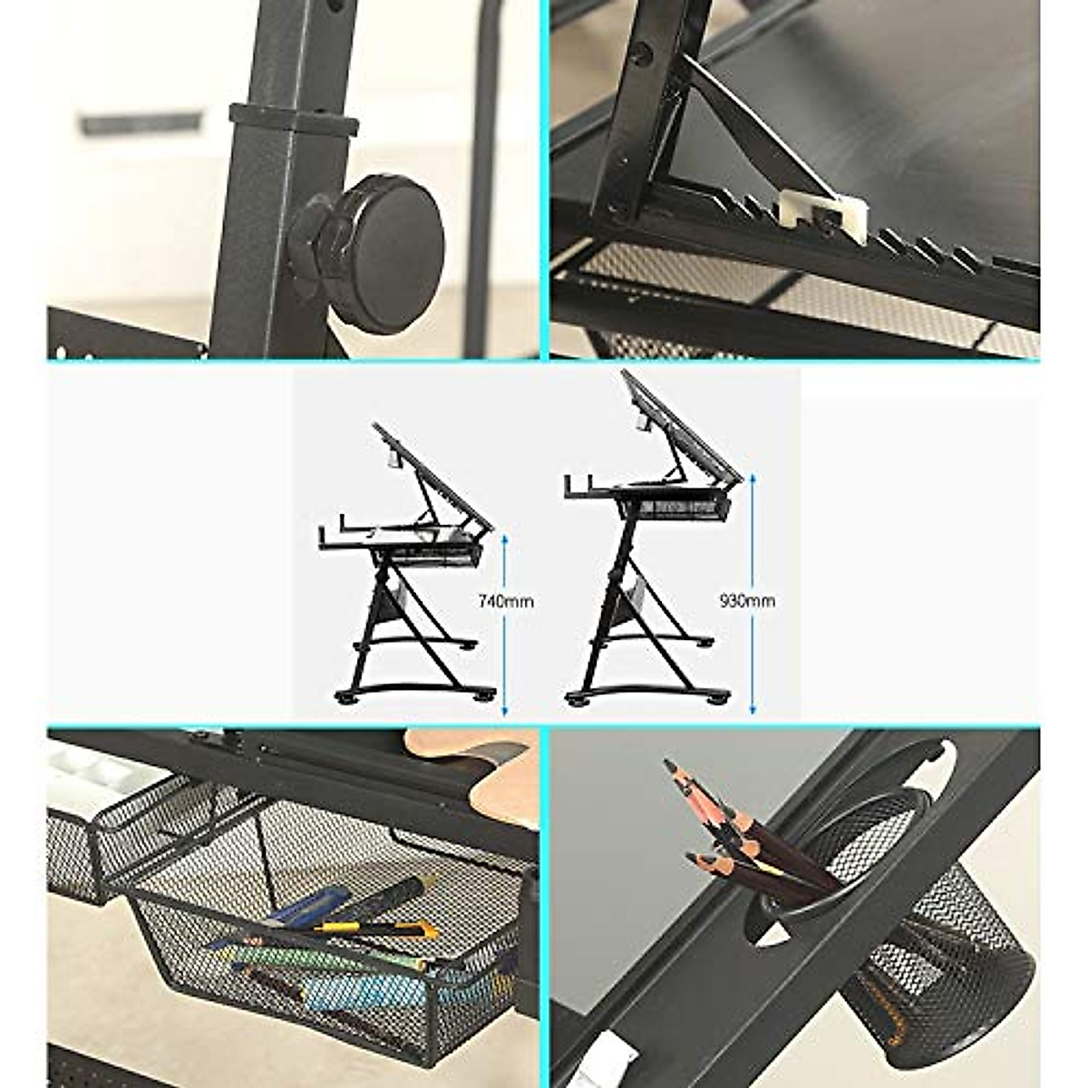 VejiA Drafting Table with Storage, Height Adjustable Tiltable Art Desk, Glass Panel Drawing Desk, for Work Study Painting Craft Table