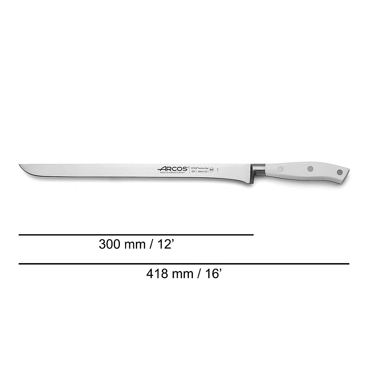 ARCOS Forged Slicing Knife / Ham Knife 12 Inch Nitrum Stainless Steel and 300 mm blade. Ergonomic Polyoxymethylene POM Handle. Series Riviera Blanc. Thin blade with a characteristic smooth edge. Color White.