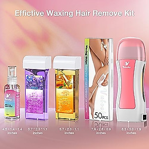Vuteehy Roll on Wax Kit, Wax Roller Kit for Larger Areas of the Body Hair Removal, with 2 Soft Wax Cartridge and 50 Wax Strips and 1 Post Wax Oil, Home Wax Roller Waxing Kit for Women and Men