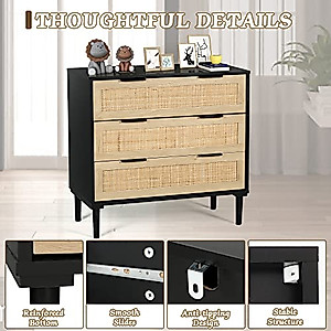 LAZZO Rattan 3 Drawer Wood Dresser Boho Large Storage Cabinet Nightstand Chest for Bedroom Mid Century Modern Chest of Drawers Wide Closet Dresser Storage Organizer