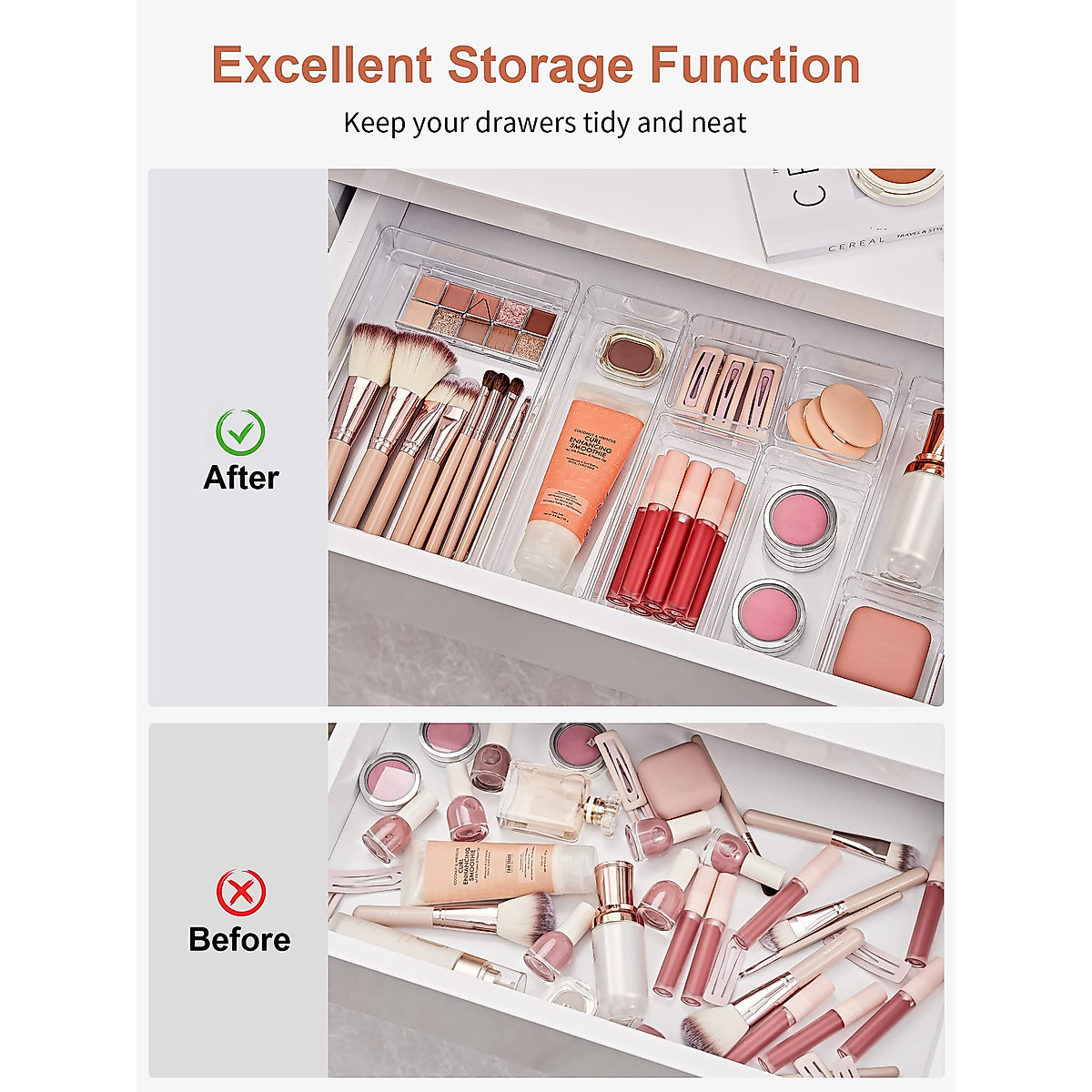 SMARTAKE 22-Piece Drawer Organizer with Non-Slip Silicone Pads, 4-Size Clear Desk Drawer Organizer Trays Storage Tray for Makeup, Jewelries, Utensils in Bedroom Dresser, Office and Kitchen, Clear