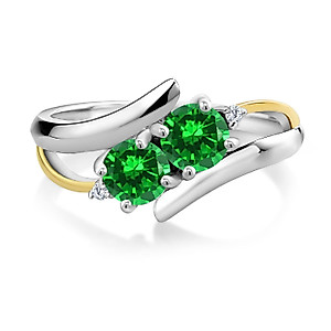 Gem Stone King 925 Sterling Silver and 10K Yellow Gold Green Created Emerald Women Ring (1.70 Cttw, Round 5MM, Available In Size 5, 6, 7, 8, 9)