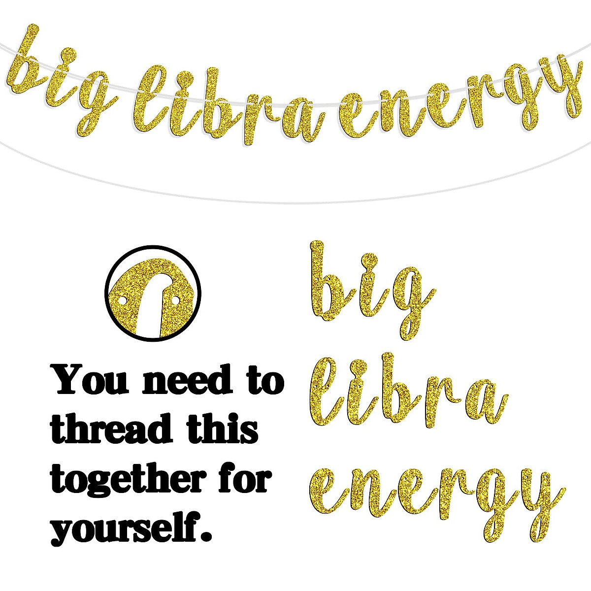 Big Libra Energy Banner, Happy Birthday Libra Bunting Sign, 12 Constellation Zodiac Theme Birthday Party Decorations Supplies for Boy and Girl, Gold Glitter