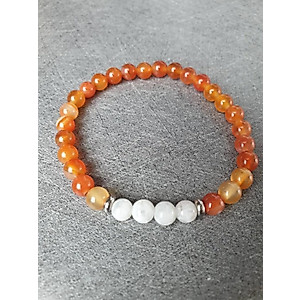 LKBEADS Natural Carnelian & Moonstone 6mm rondelle smooth 7inch Semi-Precious Gemstones Beaded Bracelets for Men Women Healing Crystal Stretch Beaded Bracelet Unisex
