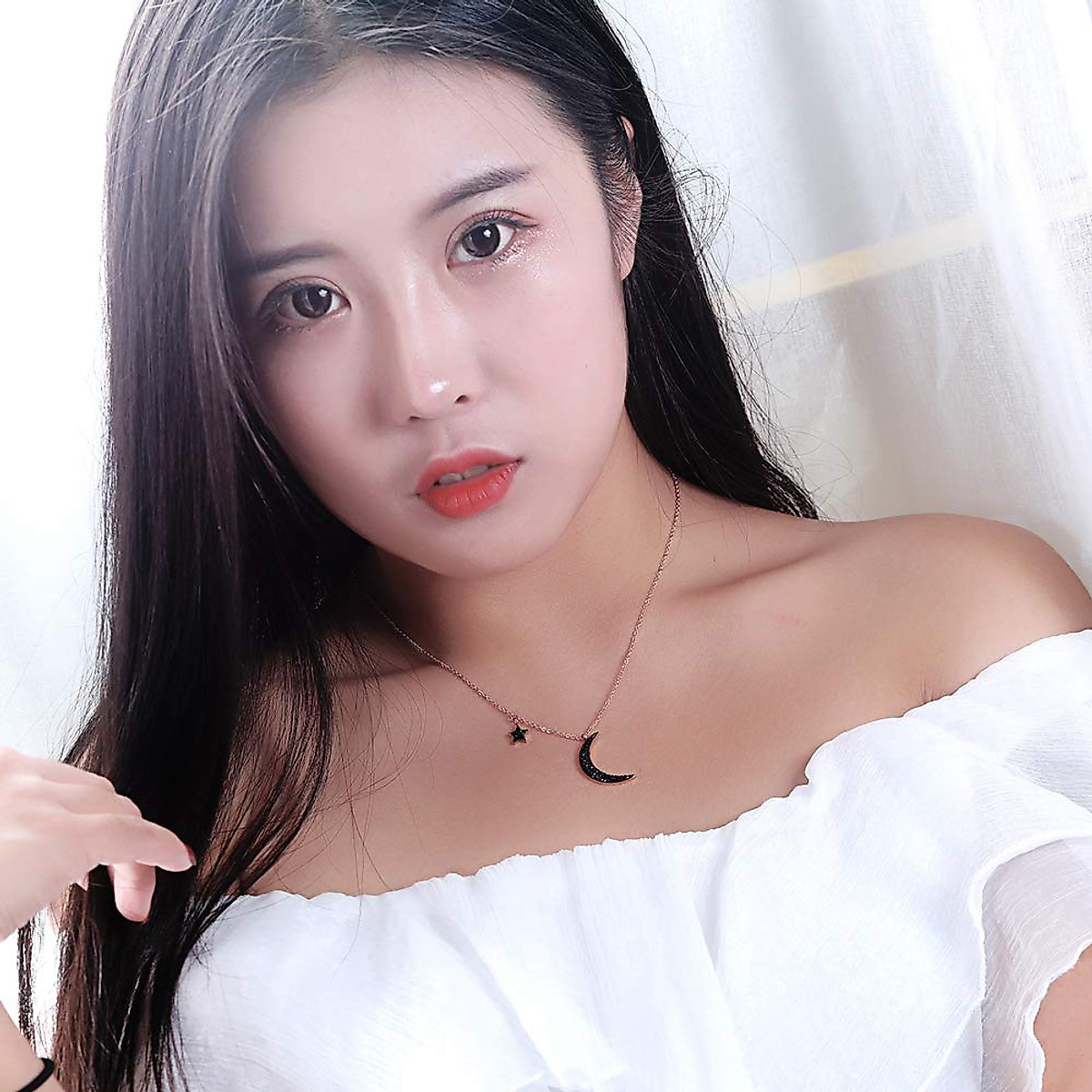 TEMICO Rose Gold Plated Stainless Steel Black Crystal Cubic Zirconia Star Moon Crescent Pendant Necklace for Women