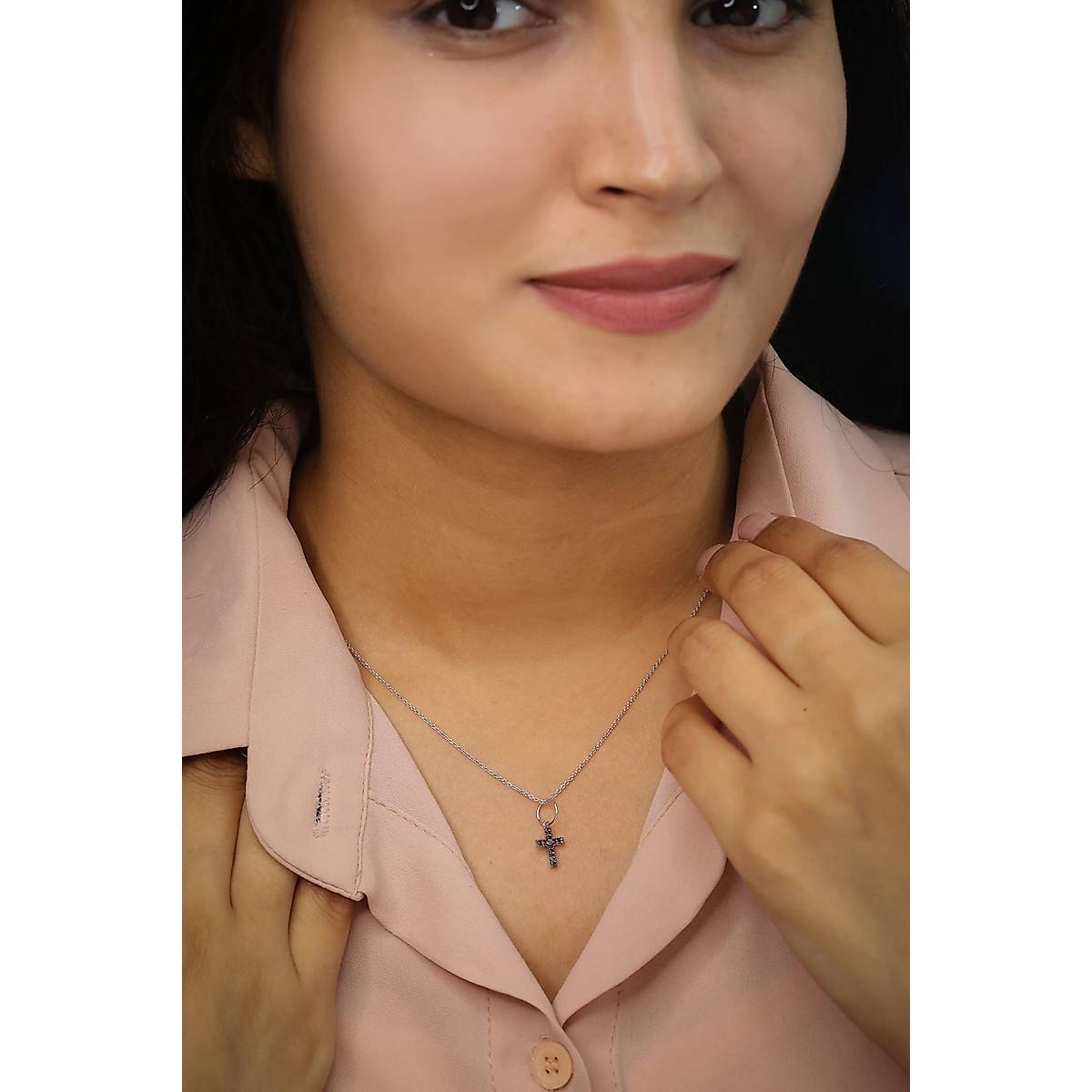 Shweta Creations 0.06 Cttw Black Diamond Religious Dainty Cross Pendant For Women|925 Silver|Christmas Gift