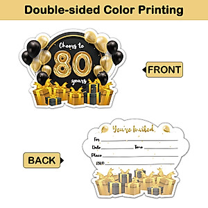 REWIDPARTY Cheers to 80 Years Birthday Party Invitations with Envelopes & Stickers（Set of 15） Balloon Shaped Fill-in Invitations Black Gold 80th Invite Cards 80th Birthday Anniversary Party Supplies