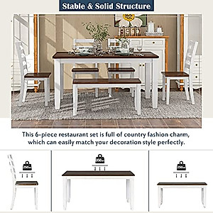 FIQHOME 6-Piece Room, Kitchen Set with Wood Dining Table,Bench and 4 Ergonomic Designed Chairs,Walnut + Cottage White