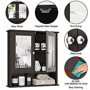 UJOYPAYD Wall Mount Medicine Cabinet Wood Wall Storage Cabinet with 2 Doors Shelf Wall Hanging Mirror Cabinet Organizer w/Adjustable Shelf for Bathroom,Living Room Kitchen (Brown)
