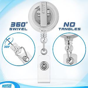 Retractable Badge Reels (Transparent, 10 Pack) w/Bulldog Clip & Snap Strap to Secure ID Name Card Holders by Mifflin