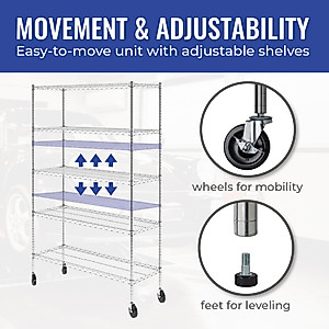 SafeRacks - NSF Certified Storage Shelves, Zinc, Heavy Duty Steel Wire Unit with Wheels and Adjustable Feet, Garage or Bakers Rack, Kitchen, Pantry Shelf - (18"x48"x72" 5-Tier) (Silver)