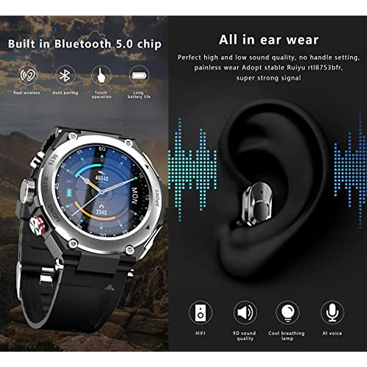 T92 Smart Watch with Earbuds MP3 Bluetooth Headset 3 in 1 1.28 Inch Smartwatch Built-in Wireless Earbuds Speaker Round Fitness Tracker Music Body Health Monitor (Black)