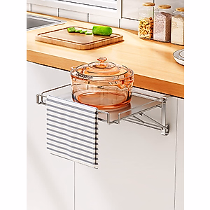 AYCWJZM Foldable Stainless Steel Door Hook Organizer & Countertop Shelf for Kitchen Cabinet Storage - Pot and Dish Rack Included. (Silver)