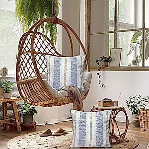 AlanRoye Outdoor Throw Pillow Covers Farmhouse Decorative 18x18inch Set of 2 Blue Yellow Grey Gray Gold Waterproof Stripe for Patio Garden Couch Neutral Beige Aesthetic Linen Modern Pillowcase