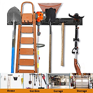 foriy Garage Clamping Garden Tool organizer Tool Storage Rack with 6 Hooks Wall Mount Tool Storage Hook Heavy Duty Garden Tool Hanger Rack for Ski Gears, Chair, Broom, Mop, Rake Shovel Yard Tools