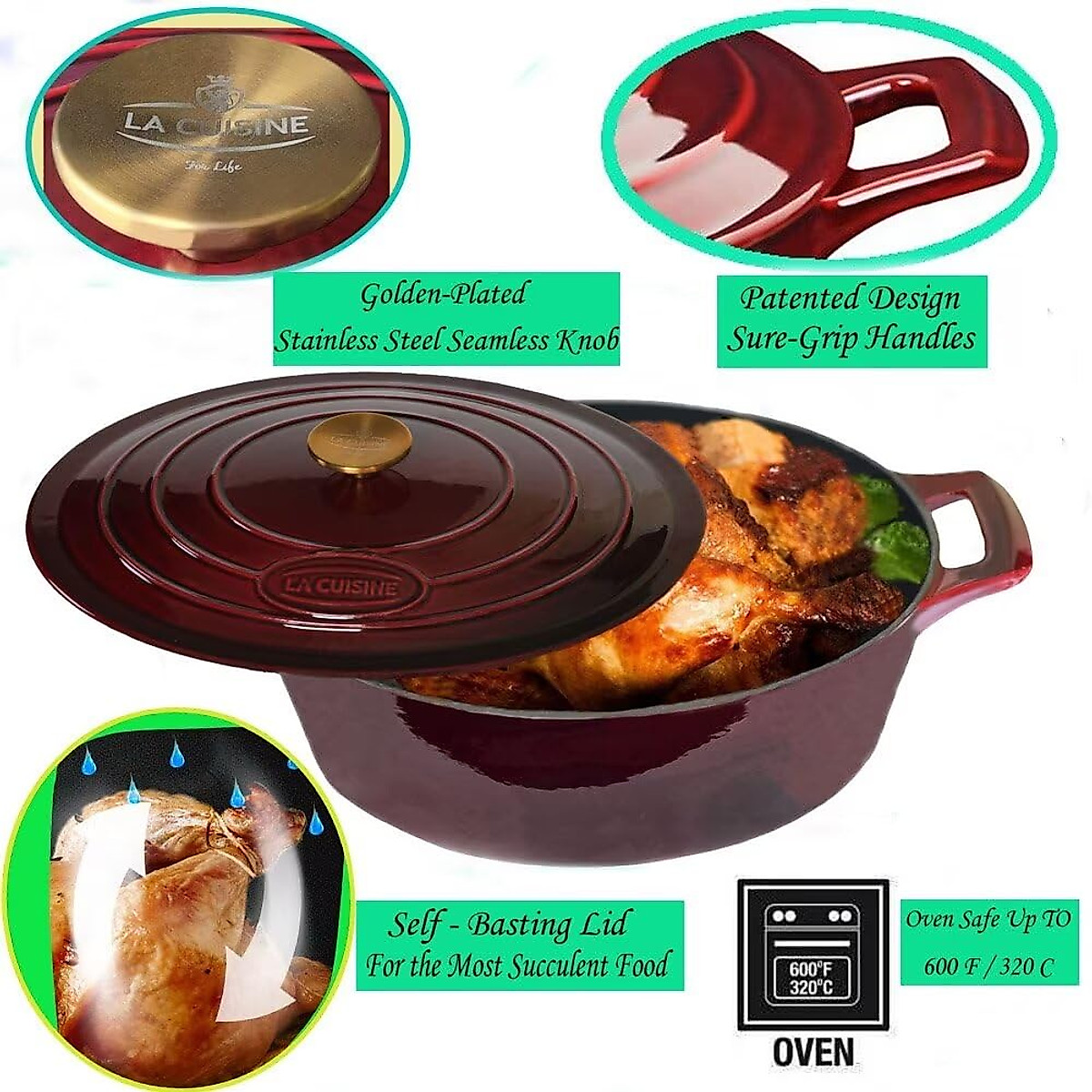 La Cuisine Enameled Cast Iron Oval Dutch Oven Casserole Dish Pot with Lid 6.75 QT Internal Matte Black Enamel Coating for bread baking, Gold-Plated Stainless Steel Lid Handle, Oven Safe up to 500° F. Cranberry