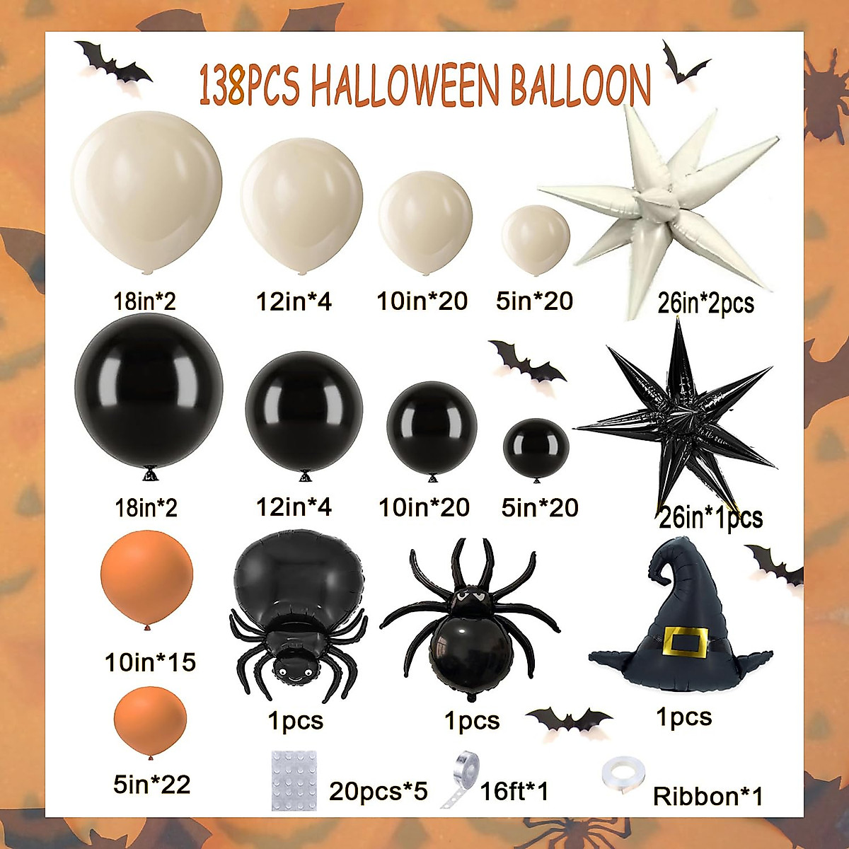 Halloween Balloon Garland Arch Kit with Spider Witch Hat Shaped Black and Milk White Exploding Star Foil Balloon Black Orange Sand White Balloons for Halloween Birthday Party Decorations