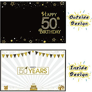 Birthday Card decoration Happy Birthday Jumbo Message Greeting Cards Black and Gold Balloons Stars Birthday Party Decoration Card Guest Book Alternative Sign Poster for men women (50th Birthday)