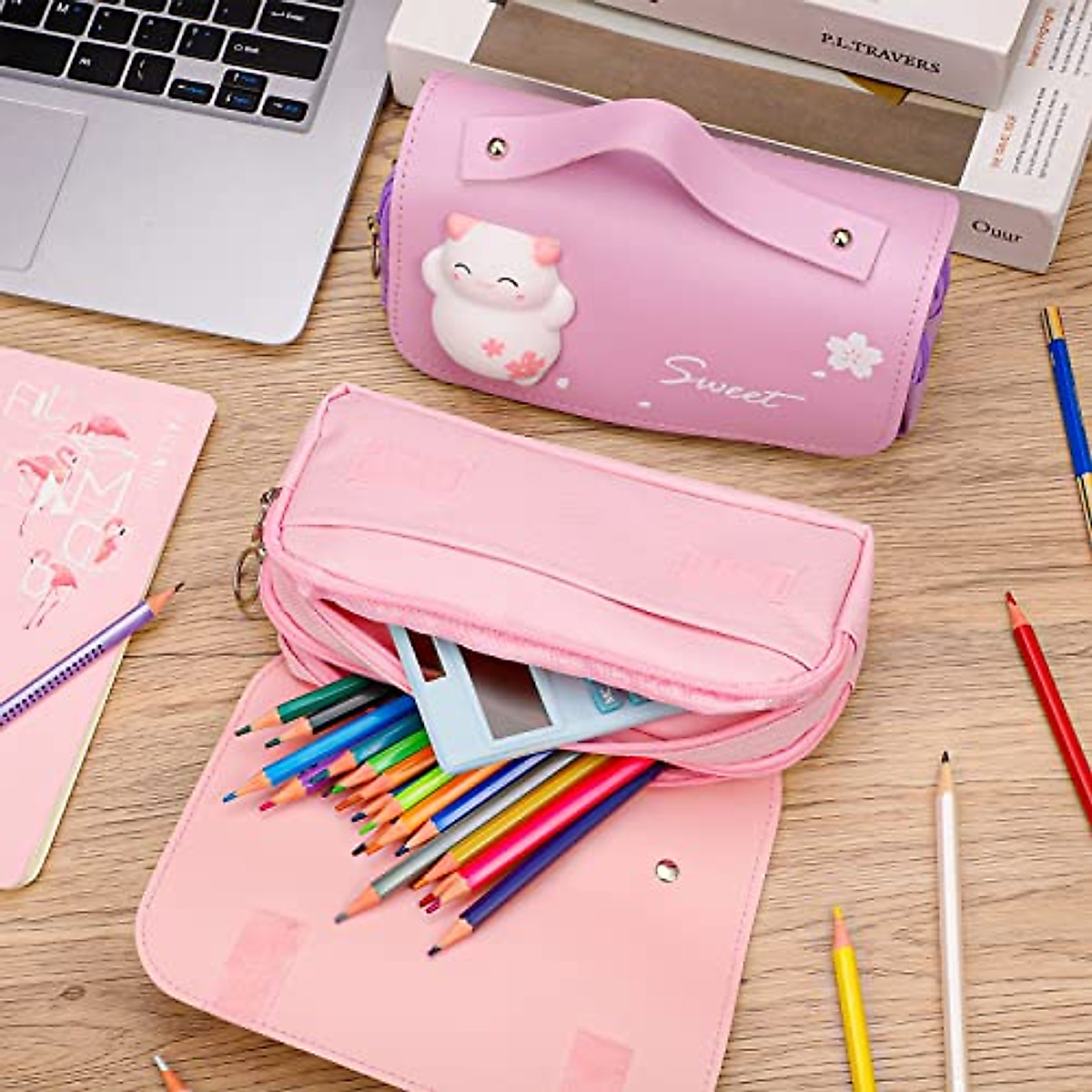 Teblacker 2 Pcs Cute Pencil Case with Handle, Kawaii Pencil Bag Large Pencil Pouch Pens Organizer Storage Bag with Stress Relief Doll for Girls Kids Teen School Supply