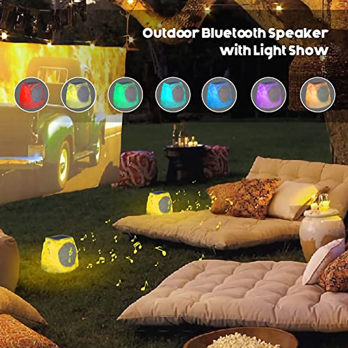 Outdoor Rock Speaker Solar-Powered Wireless Bluetooth 5.0 Speaker Waterproof with RGB Color Multi-Unit Connect Outdoor Speakers for Patio Pool Deck Yard Garden and Home - Pair
