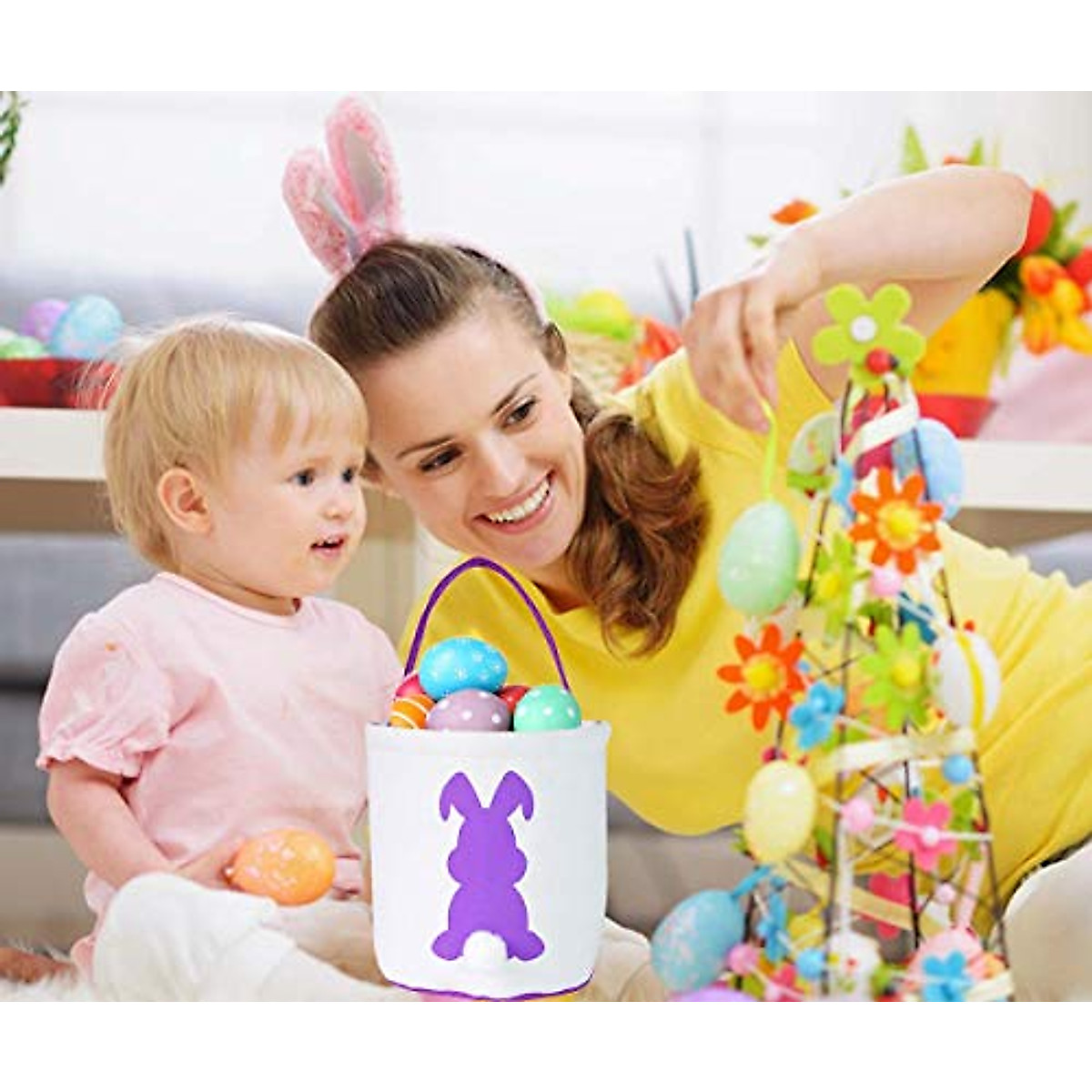 2 Pieces Easter Bunny Basket Bags Rabbit Handbag Canvas Tote Bag Bucket for Eggs Gifts Candy Toys Purple