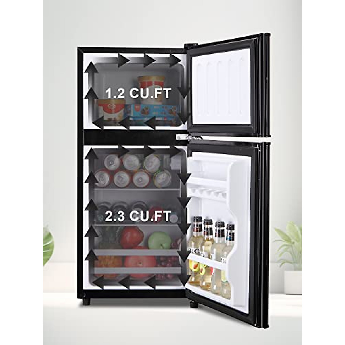 KRIB BLING Refrigerator with Freezer, 3.5 Cu.Ft Mini Fridge,Lock Fresh,7 Level Adjustable Thermostat ct for Dorm, Bar, Office,Kitchen, Bedroom,Black