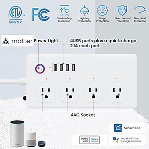 Smart Power Strip, Smart Plug with 4 AC Outlets and 4 USB Ports, WiFi Surge Protector Works with Alexa and Google Home, App/Remote/Voice Control, Schedule/Timer, White, 10A