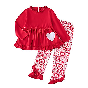 Valentine's Day KIds Toddler Infant Baby Girls Long Sleeve Patchwork Tops Cartoon Print Pants Baby Gift (Red, 5-6 Years)