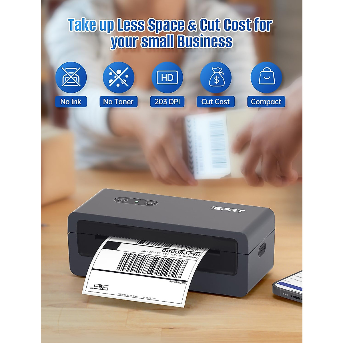 iDPRT Bluetooth Thermal Label Printer for Phone via APP, 4X6 Shipping Label Printer for Small Business and Shipping Package, Support USB for Windows, Mac, Used for Amazon, Shopify, Ebay, UPS, USPS