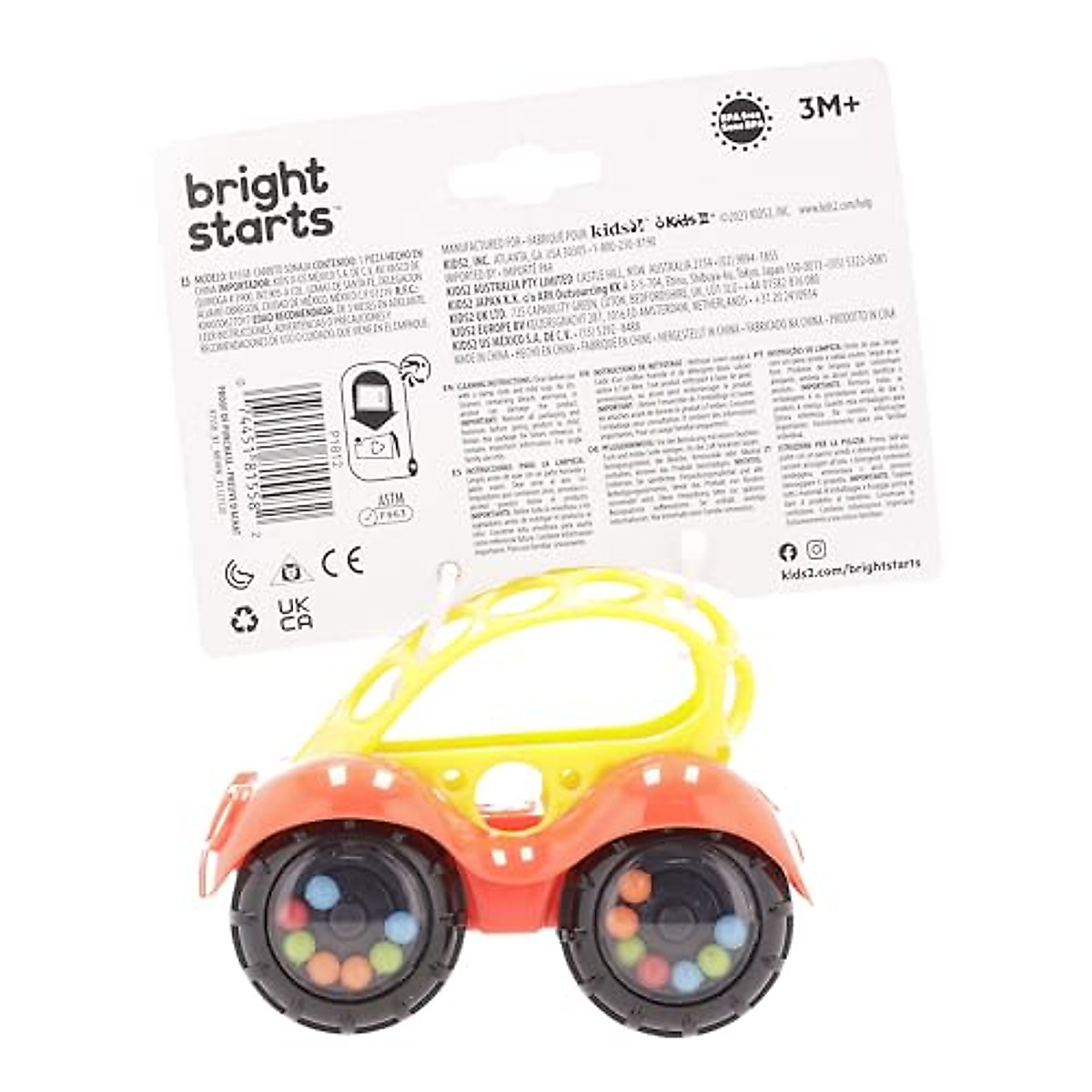Bright Starts Oball Easy Grasp Rattle & Roll Buggie BPA-Free Push Car Infant Crawling Toy, 1 Pack, Age 3 Months and up, Red/Yellow