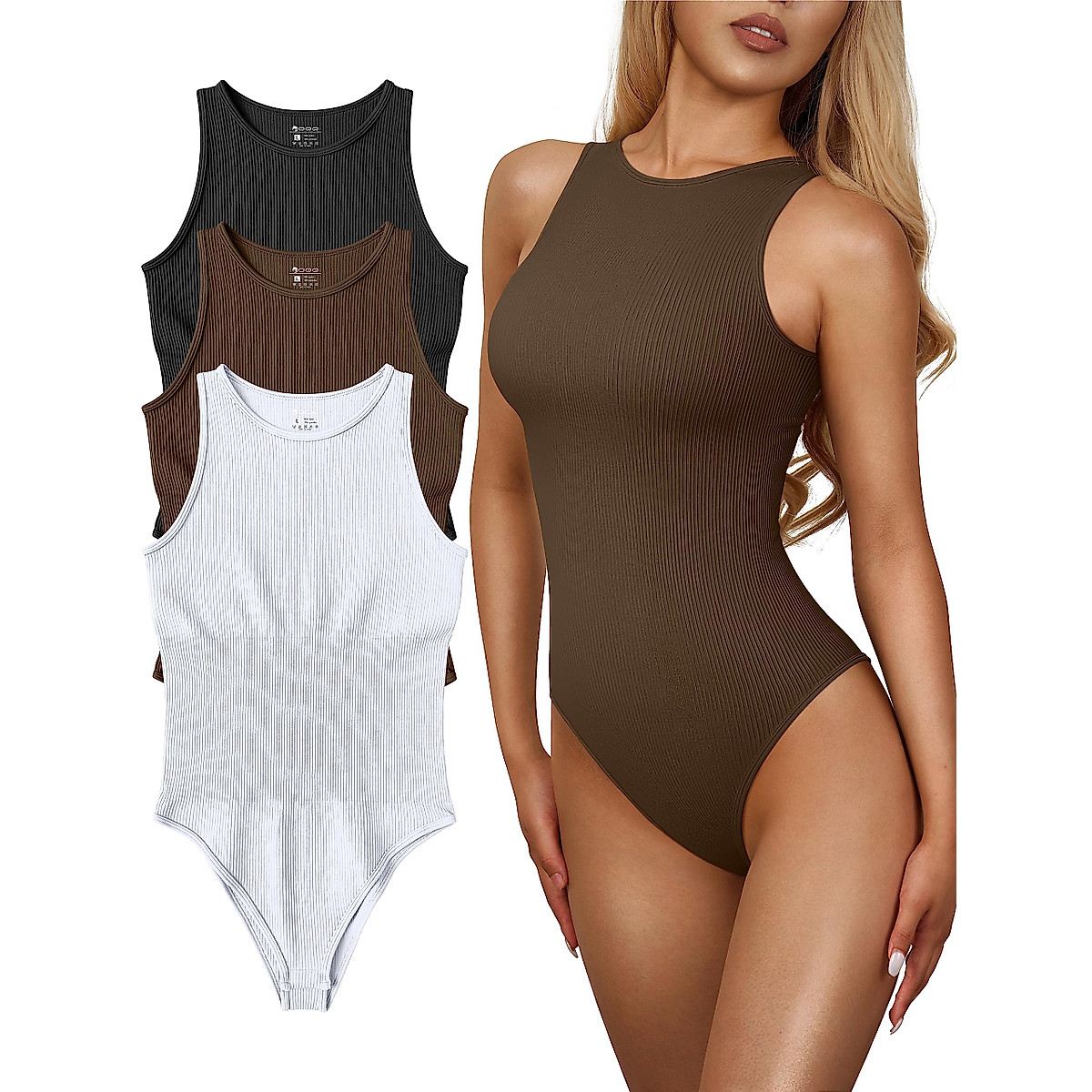 OQQ Women's 3 Piece Bodysuits Sexy Ribbed One Piece Sleeveless Halter Neck Tops Leotard Summer Trendy Black Coffee White