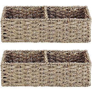Vagusicc 2-Section Wicker Storage Basket, Hand-Woven Seagrass Baskets, Toilet Tank Basket, Small Wicker Baskets for Organizing, 2-Pack