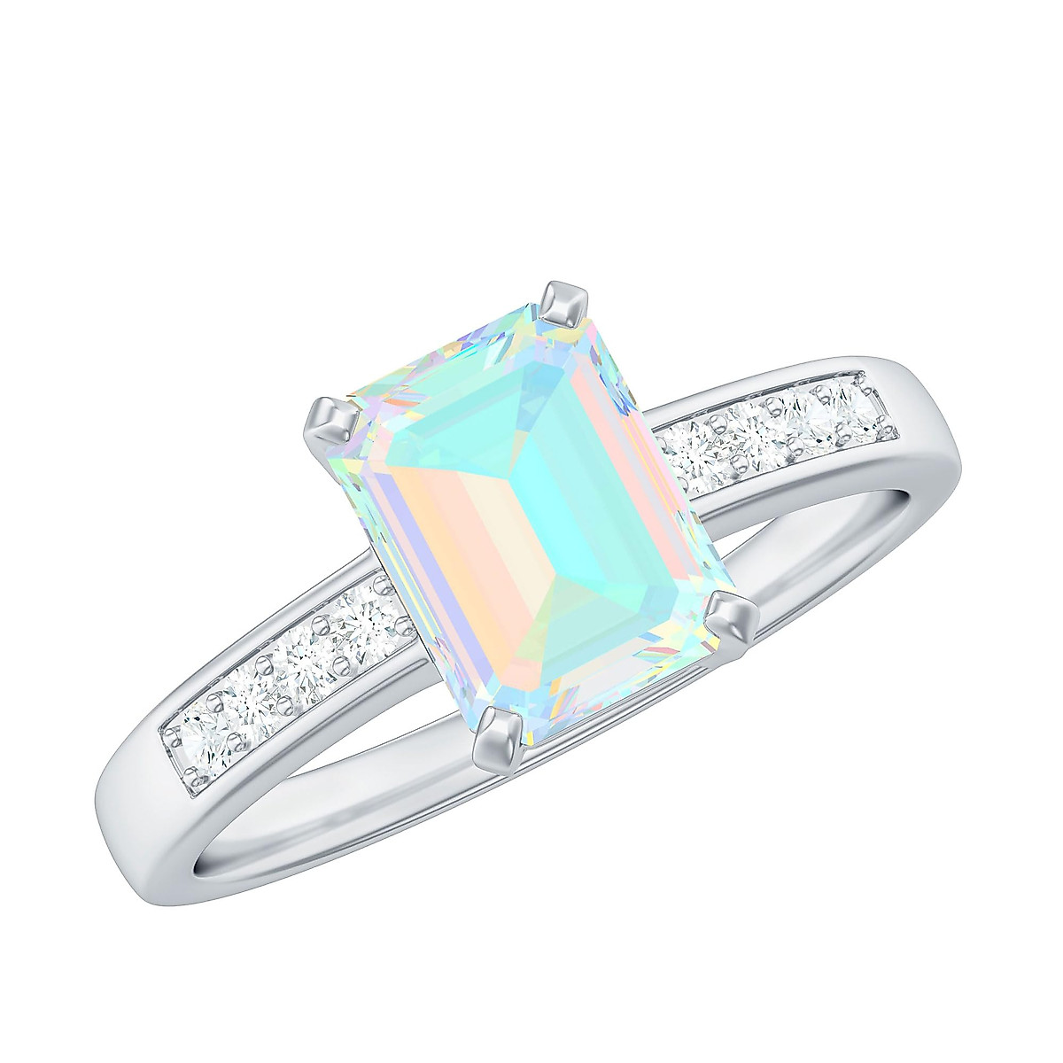 Certified Opal 6X8mm Emerald Cut Engagement Ring, AAA Quality, Natural Opal Diamond Solitaire Ring - With Jewelry Box, 14K White Gold, Size:US 10.00