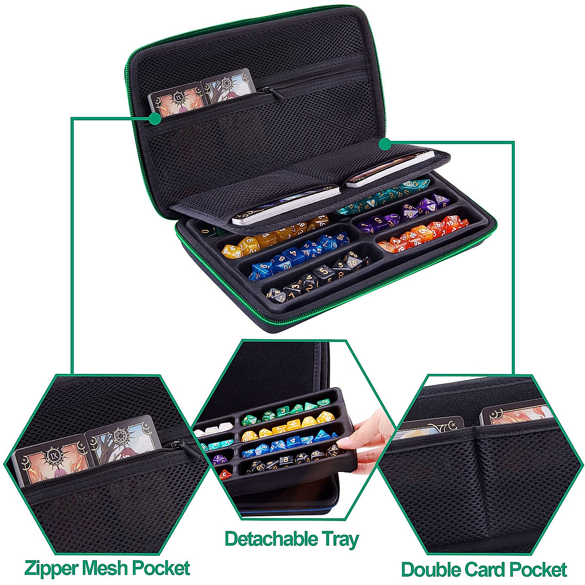 SIQUK Green EVA Dice Case with Detachable Tray and Handle for Dungeons & Dragons and Other RPG Games