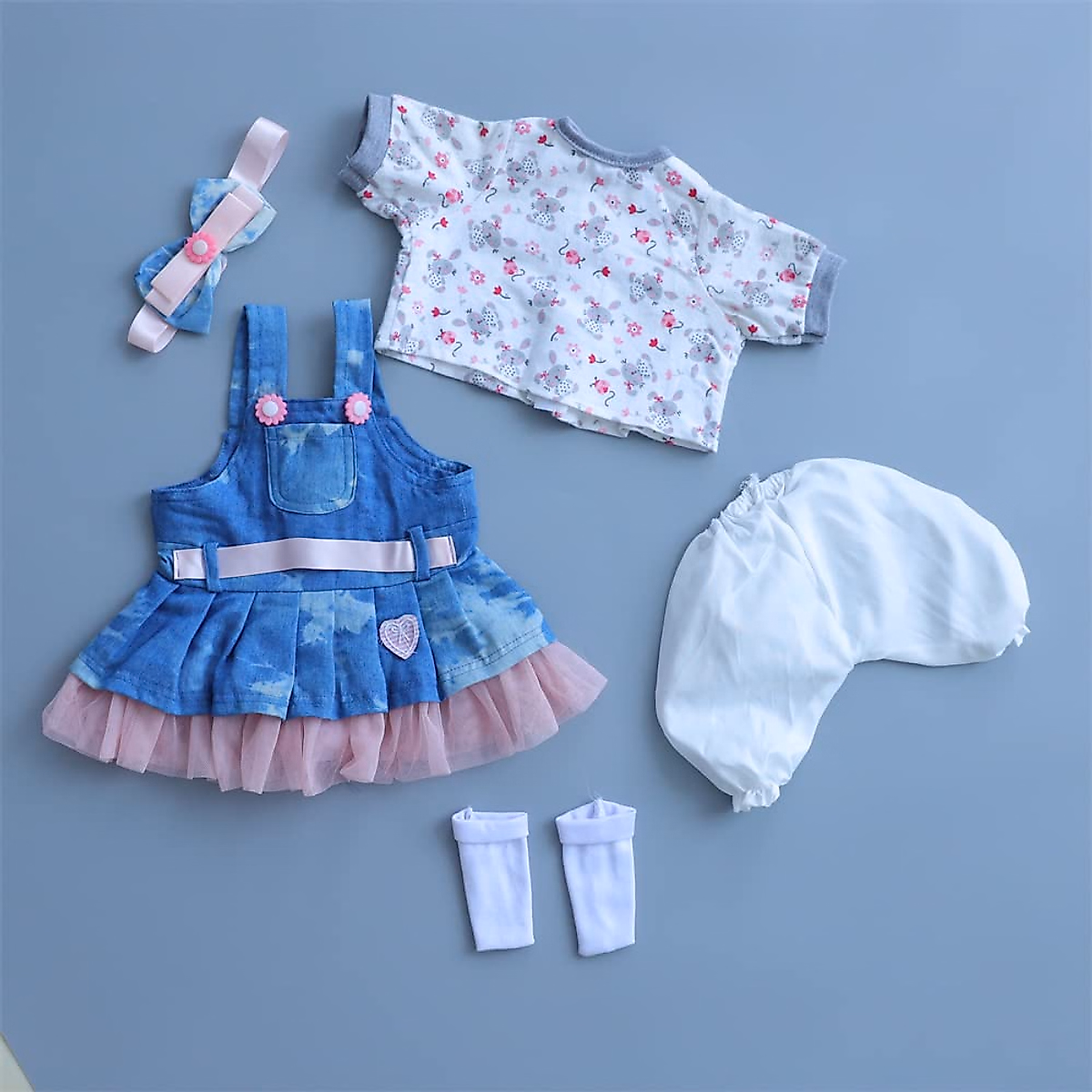Reborn Baby Doll Clothes for 17-22 Inch Newborn Baby Doll Girl, Baby Doll Clothes Outfit Accessories fit 17-22 Inch Reborn Baby Doll Girl【Denim Skirt 5pcs Set 】