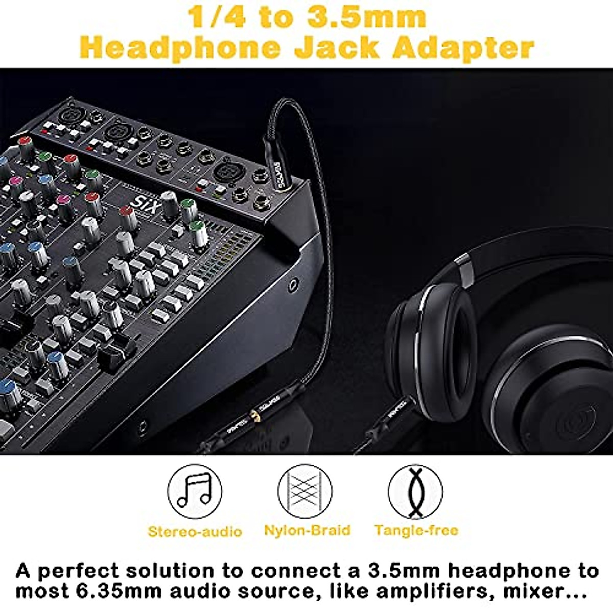 SOLMIMI 1/4 to 3.5mm Adapter, 6.35mm Male to 3.5mm Female Stereo Adapter, Lossless 3.5mm to 1/4 Adapter, Headphone Jack Adapter for Mixer Guitar Piano Amplifier Speaker or More - Matte Black(30cm)