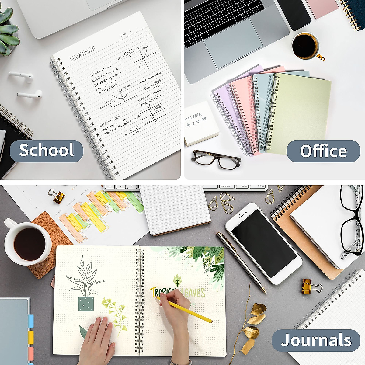 SUNEE Dotted Spiral Notebook - 4 Pack Large Bullet Journals 8.5 x 11 Inches 5 x 5mm Dot Grid Paper 80 Sheets/160 Pages - Journals for Study and Notes (pink, blue, green, purple)