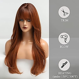 BAACHE Auburn Wig with Bangs Long Curly Wavy Wigs for Women Synthetic Ginger Wig for Daily/Party Cosplay