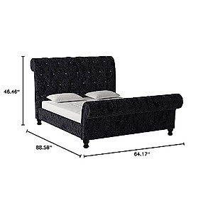 Baxton Studio Wholesale Interiors Castello Velvet Upholstered Faux Crystal-Buttoned Sleigh Platform Bed, Queen, Black