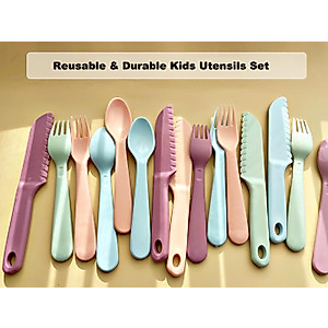 ChaLeeMoo 16Pcs Kids Plastic Utensils Kids Forks and Spoons Set, Multicolor Toddler Utensils, Reusable Kids Silverware Cutlery Set, Ideal for School Lunch Box, Camping, Travel, Party Favors BPA Free