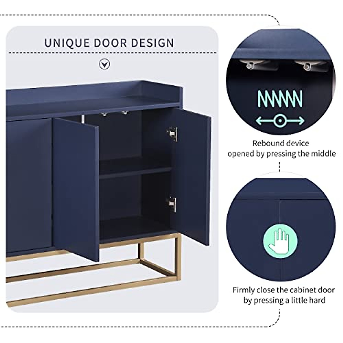 47" Buffet Sideboard Cabinets with Gold Metal Base, 4 Unobtrusive Doorknob, Elegant Freestanding Storage Cabinet, Large Storage Space Kitchen Console Table for Dining Living Room, Entryway, Navy Blue