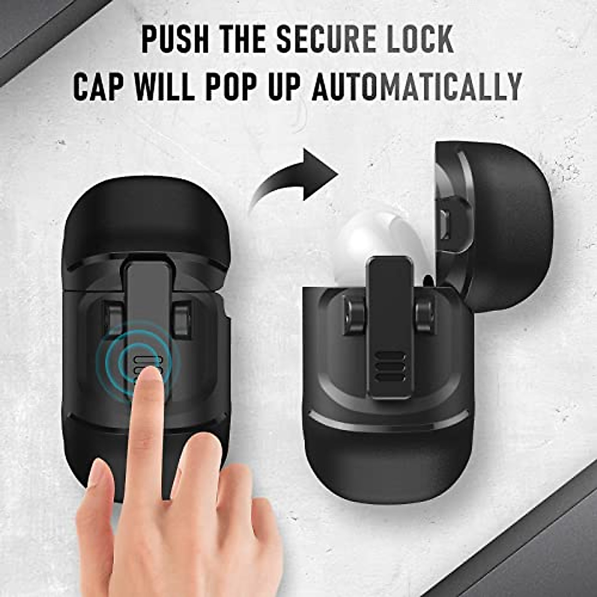 Maxjoy for AirPods Pro Case, Carbon Fiber Secure Lock Clip Full Body Shockproof Hard Shell Protective Case Cover with Keychain for Apple AirPod Pro (2019), Black