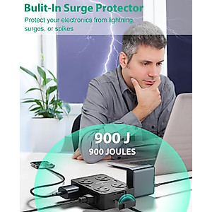 JUOYOU Power Strip Surge Protector - 8 Widely Spaced Outlets with 6 USB Ports(USB C 20W & USB A 20W), 3 Side Outlet Extender with Flat Plug Extension Cord 5 ft